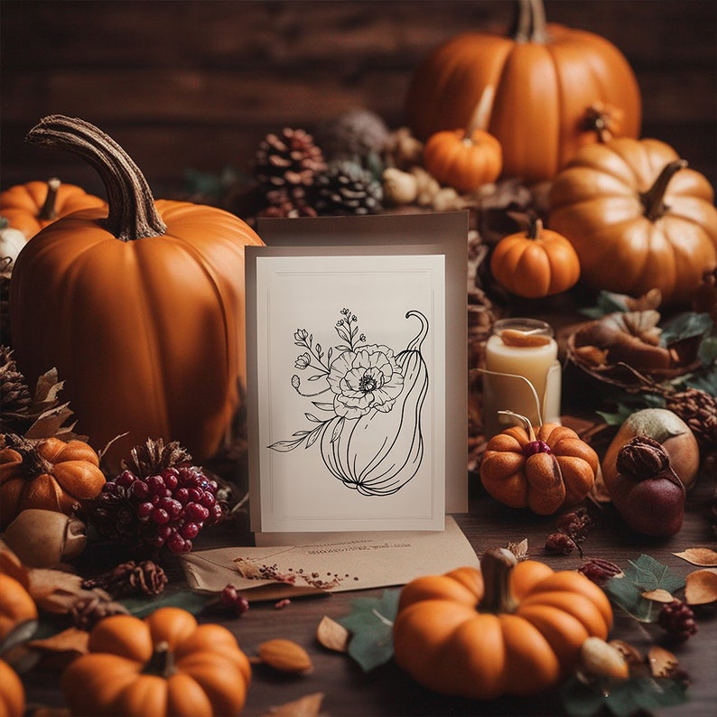 Floral Pumpkin Line Art Set of 4, Black and White Pumpkin SVG & PNG ...