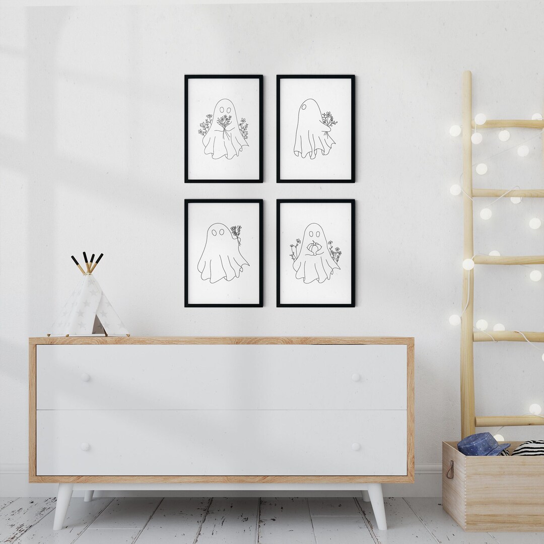 Floral Ghost Set of 4 Line Art Prints, Ghost Line Drawing, SVG & PNG ...