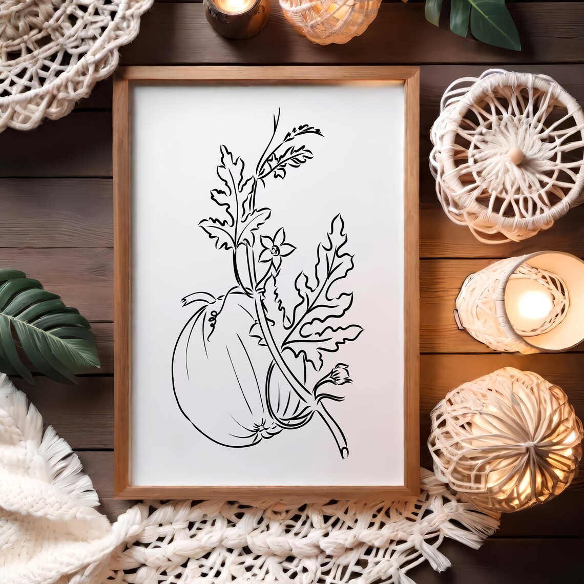 Pumpkin and Fall Leaves Line Art, Pumpkin SVG & PNG Clipart, Halloween ...