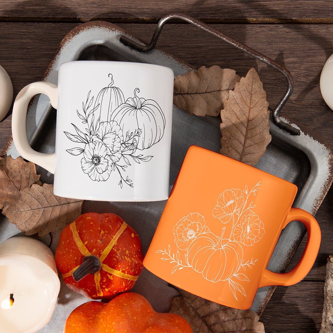 Floral Pumpkin Line Art Set of 4, Black and White Pumpkin SVG & PNG ...