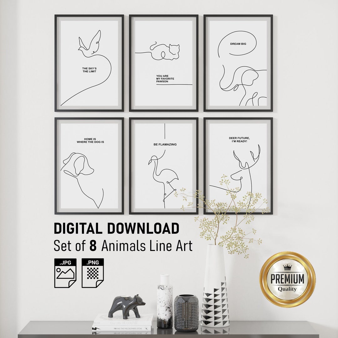 Safari Line Art Set of 8, Line Art Quote, Pet Line Drawing, Instant Art ...