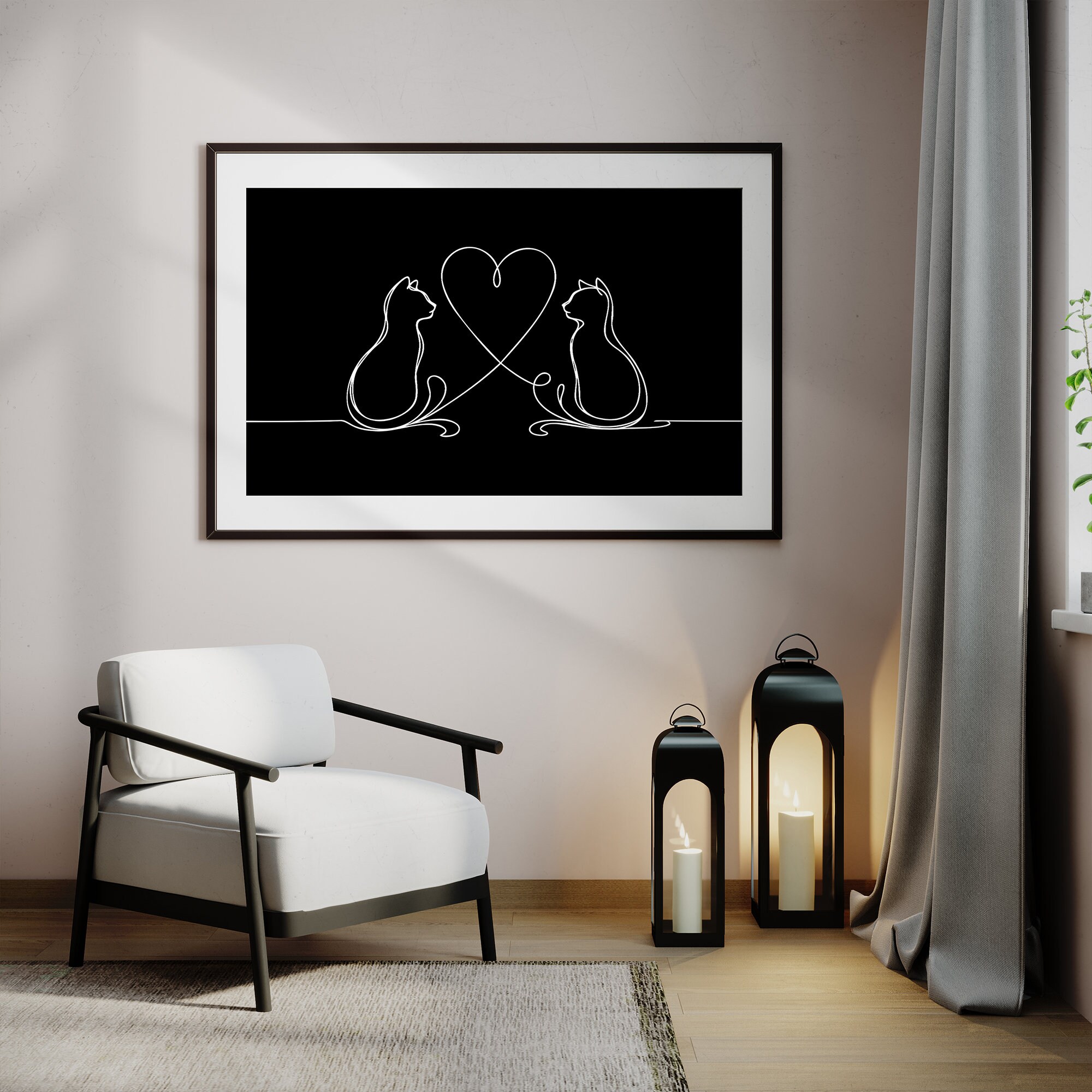 Two Cats Line Drawing, Cats One Line Art, Pets Printable Wall Decor ...