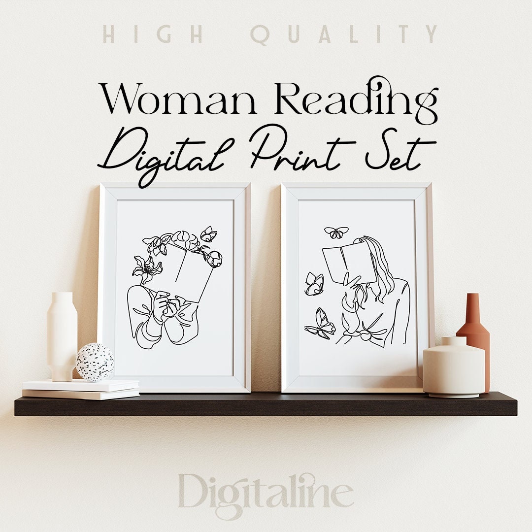 Woman Reading Book Line Art Set, Women Reading & Butterflies Line ...