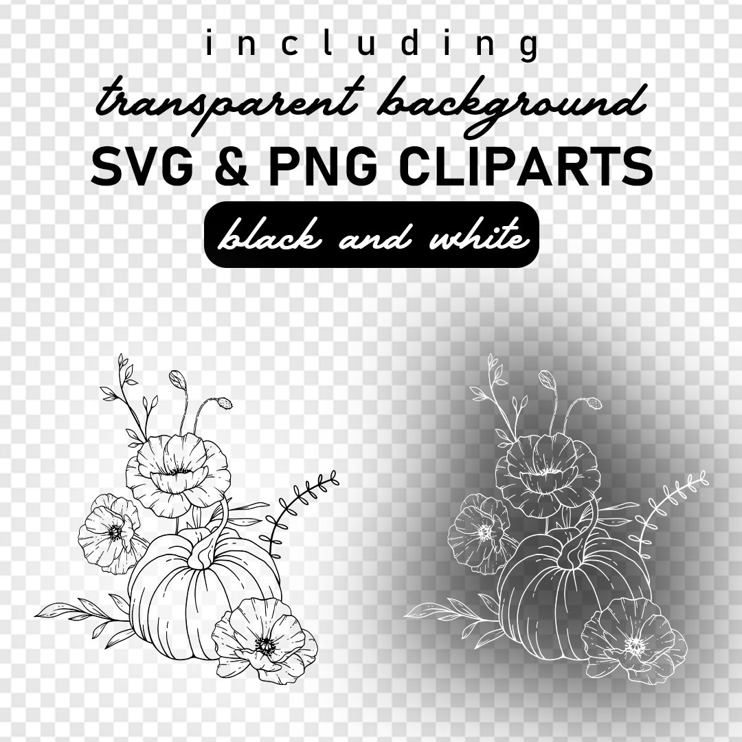 Floral Pumpkin Line Art Set of 4, Black and White Pumpkin SVG & PNG ...