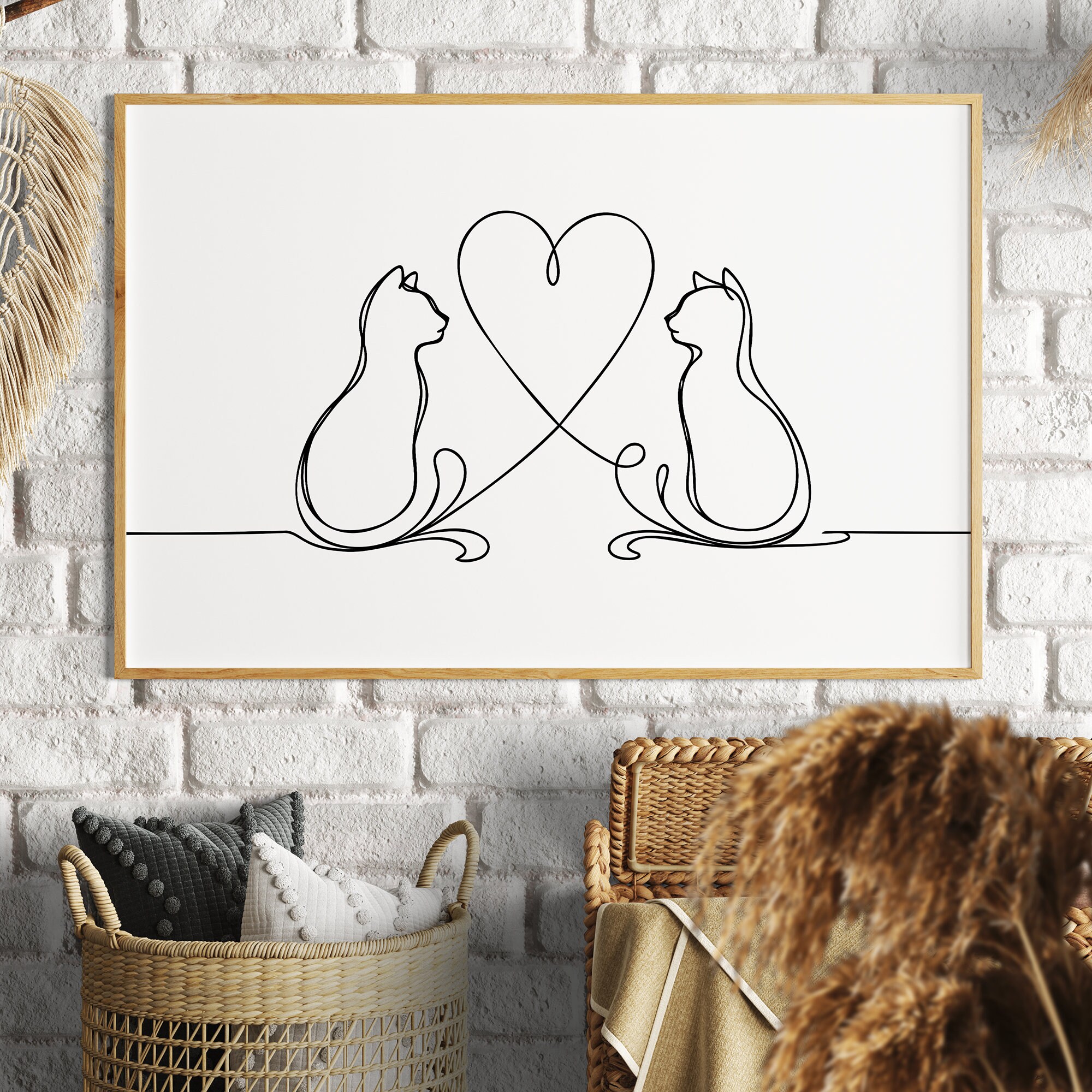 Two Cats Line Drawing, Cats One Line Art, Pets Printable Wall Decor ...