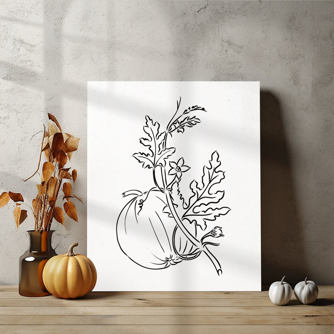 Pumpkin and Fall Leaves Line Art, Pumpkin SVG & PNG Clipart, Halloween ...