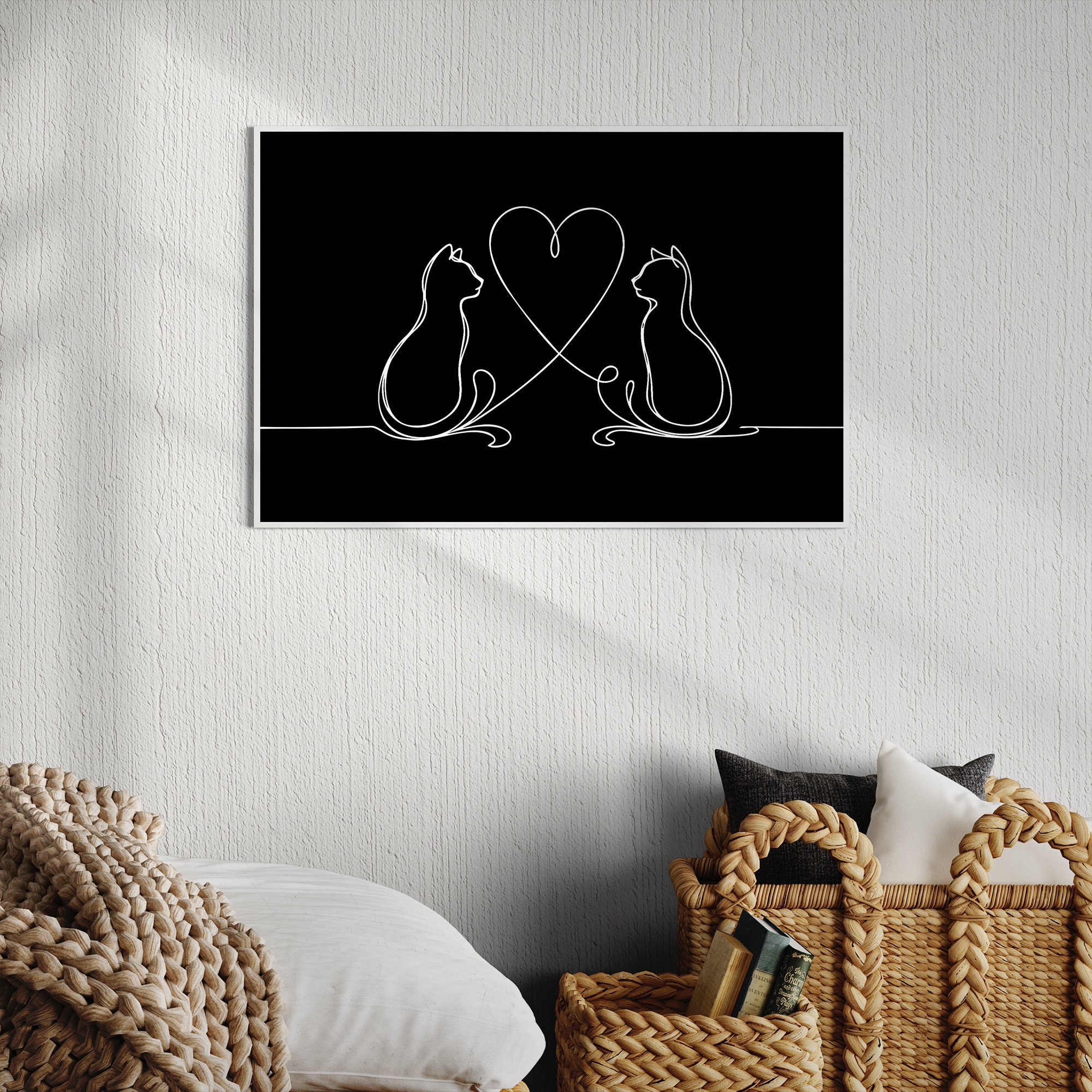 Two Cats Line Drawing, Cats One Line Art, Pets Printable Wall Decor ...