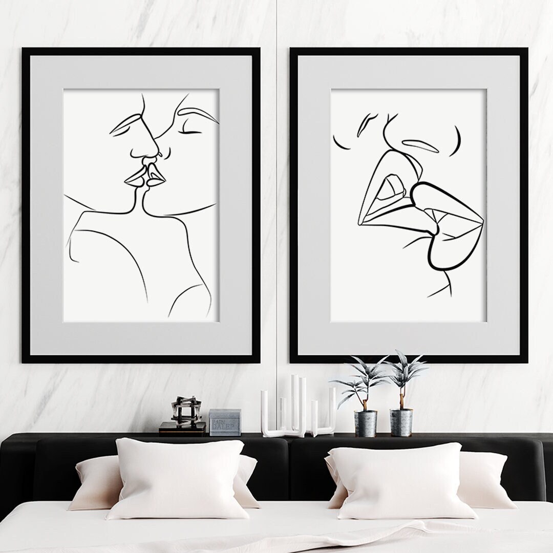 Couple Kiss Line Art Set of 2, Digital Download One Line Kiss, Couple ...