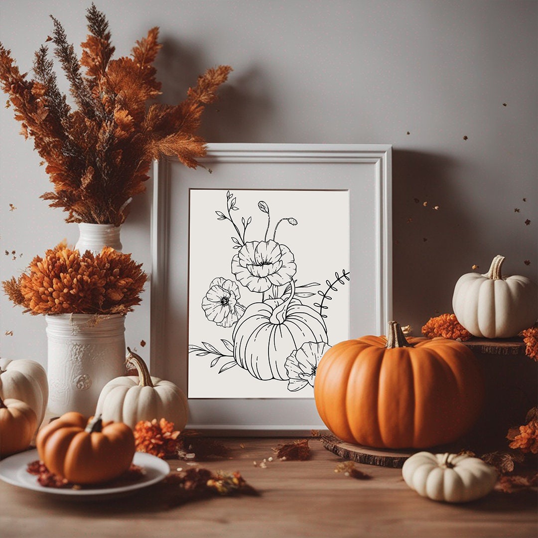 Floral Pumpkin Line Art Set of 4, Black and White Pumpkin SVG & PNG ...