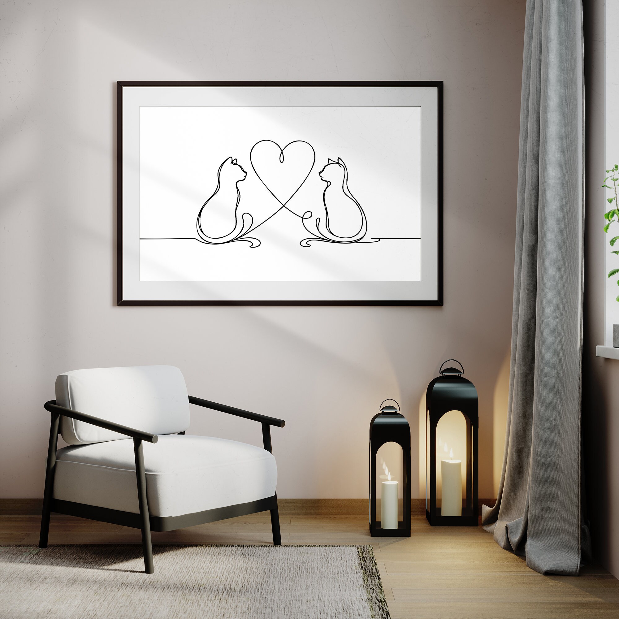 Two Cats Line Drawing, Cats One Line Art, Pets Printable Wall Decor ...