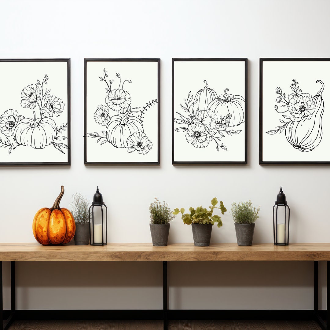 Floral Pumpkin Line Art Set of 4, Black and White Pumpkin SVG & PNG ...
