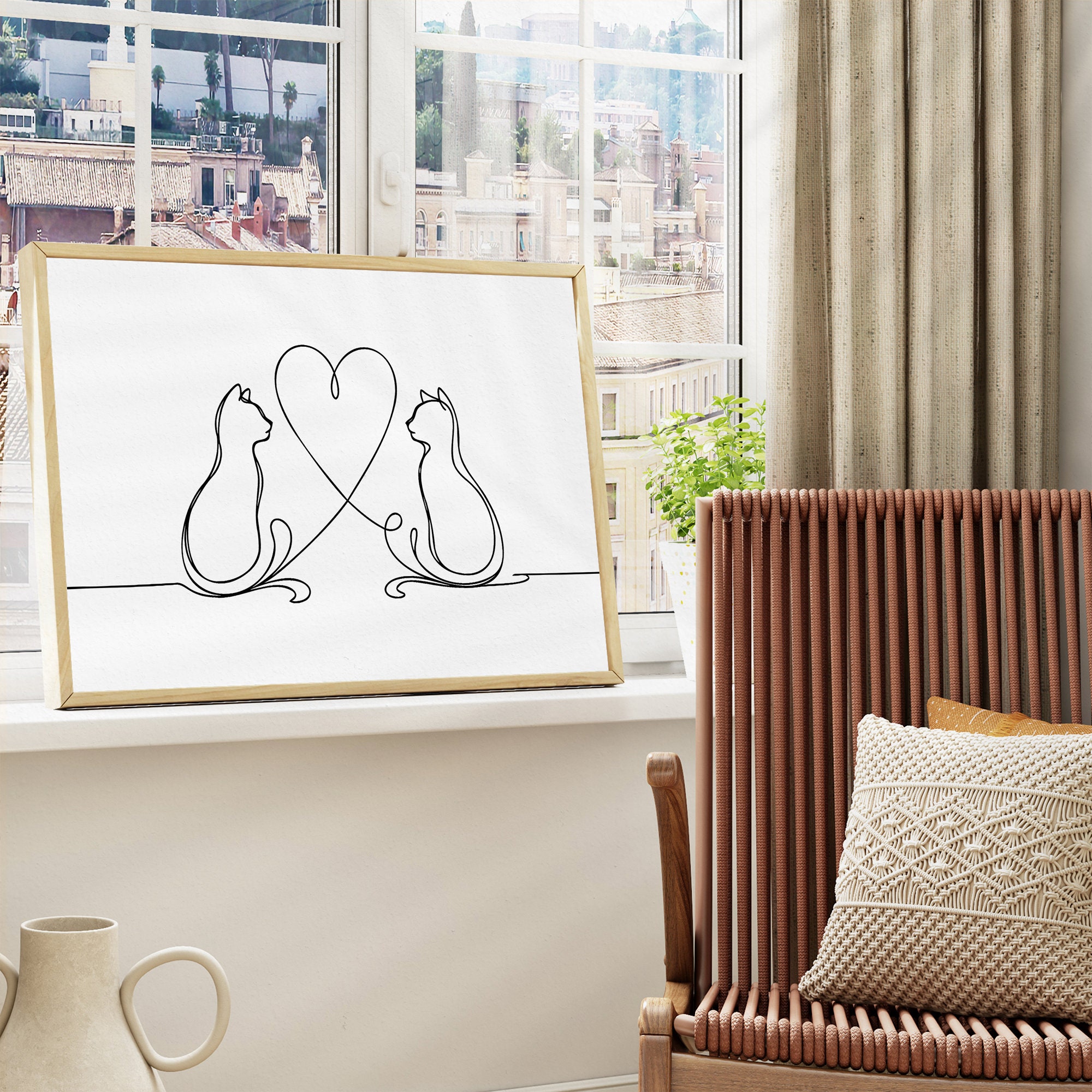 Two Cats Line Drawing, Cats One Line Art, Pets Printable Wall Decor ...