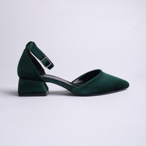 Green Velvet Heels, Green Velvet Shoes, Green Block Heels, Green Low ...