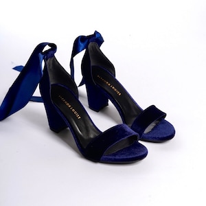 Blue Velvet Heels, Blue Velvet Shoes, Blue Block High Heels, Navy Blue ...