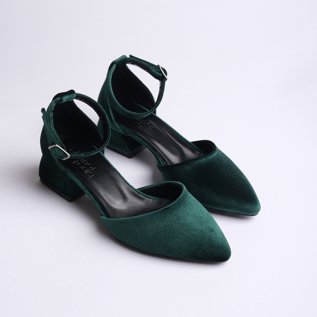 Green Velvet Heels, Green Velvet Shoes, Green Block Heels, Green Low ...