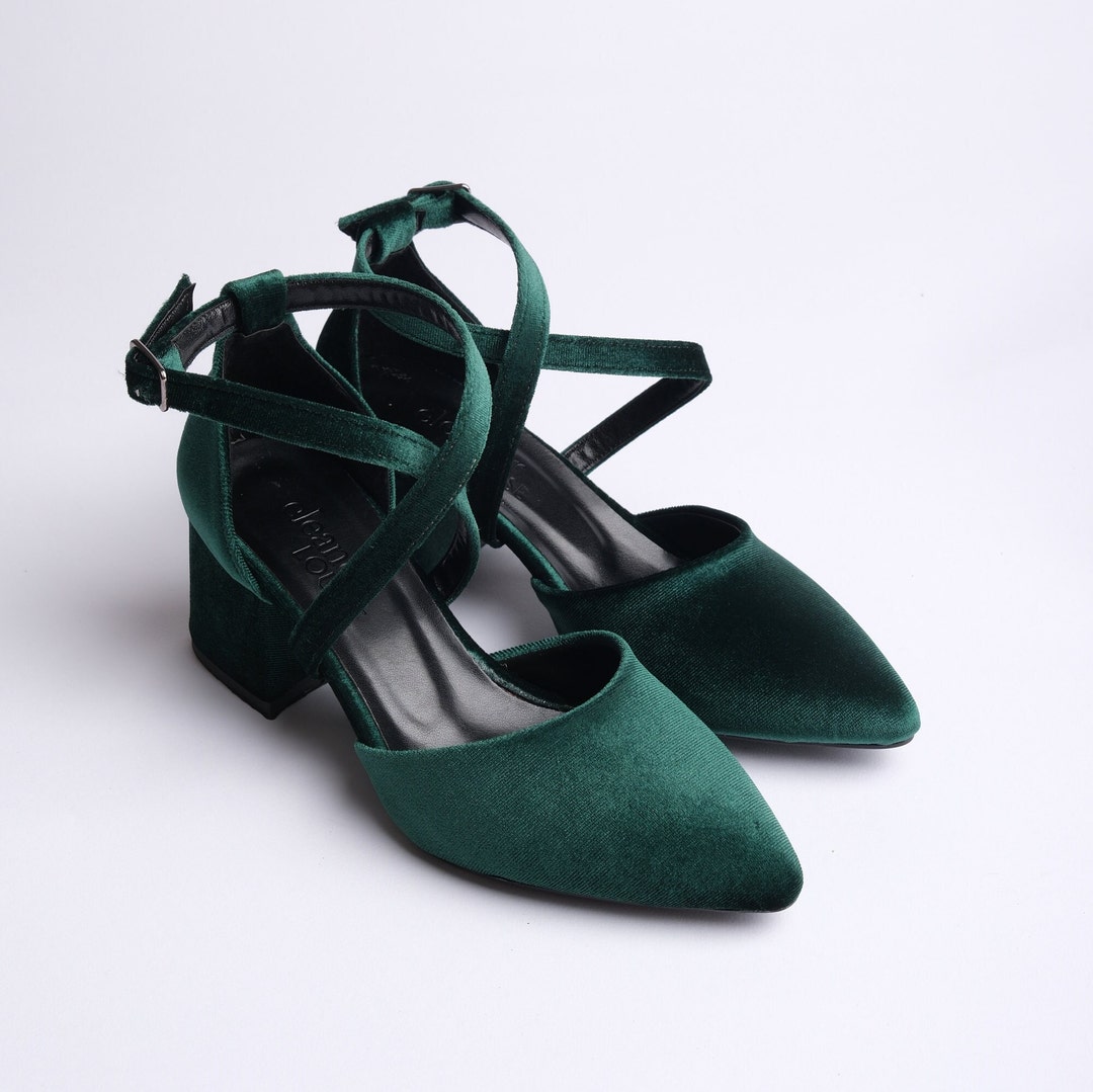 Green Velvet Heels, Green Velvet Shoes, Green Low Heels, Green Bridal ...
