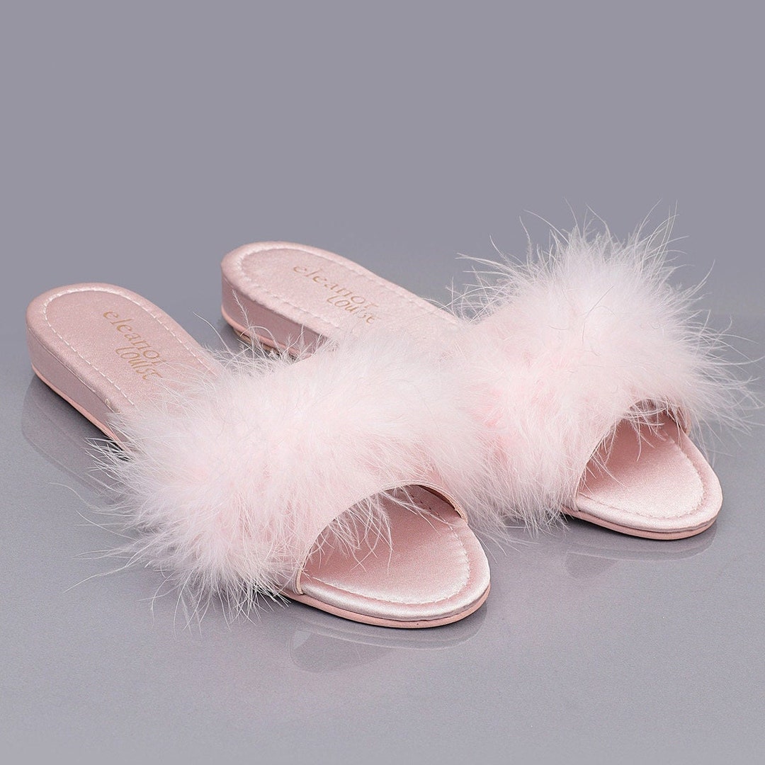 Marabou Feather Slippers Trendy Bride Slippers Satin Pink Slippers