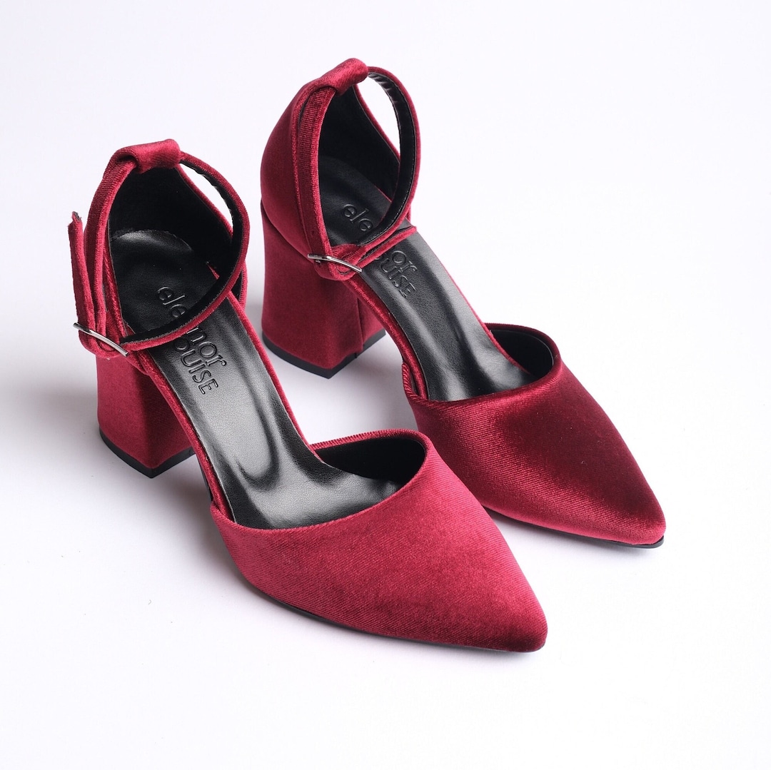 Red Velvet Heels, Burgundy Velvet Shoes, Red Bridal Shoes, Burgundy ...