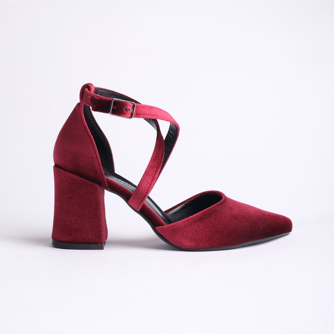 Red Velvet Heels, Burgundy Velvet Shoes, Red Bridal Shoes, Burgundy ...