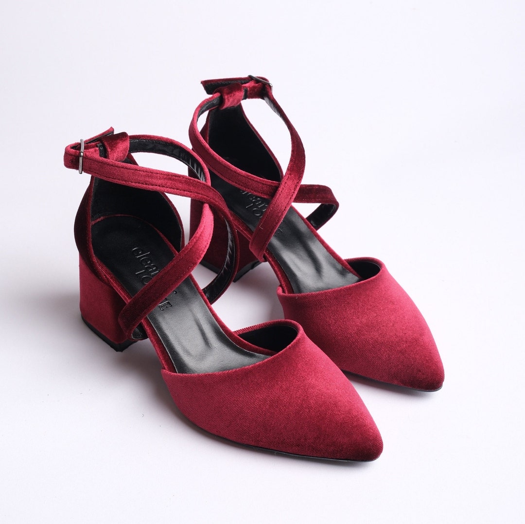 Red Velvet Heels, Burgundy Velvet Shoes, Red Bridal Shoes, Burgundy ...