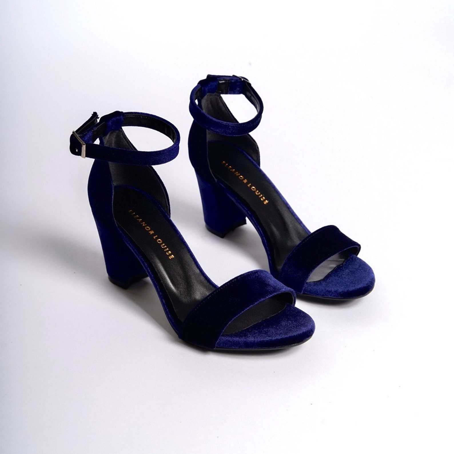 Blue Velvet Heels, Blue Velvet Shoes, Blue Block High Heels, Navy Blue ...