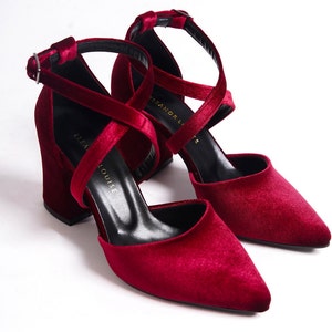 Red Velvet Heels, Burgundy Velvet Shoes, Red Bridal Shoes, Burgundy ...