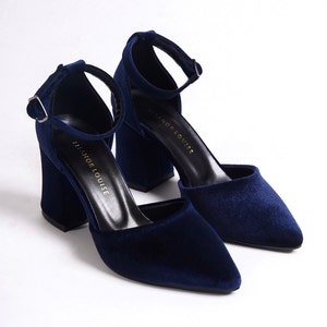 Blue Velvet Heels, Blue Velvet Shoes, Blue High Heels, Navy Blue Heels ...