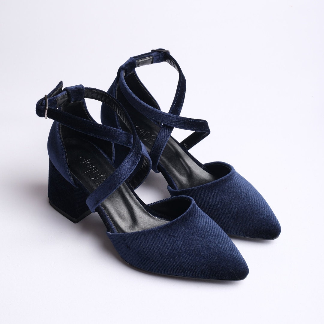 Blue Velvet Heels, Blue Velvet Shoes, Blue Low Heels, Navy Blue Heels ...