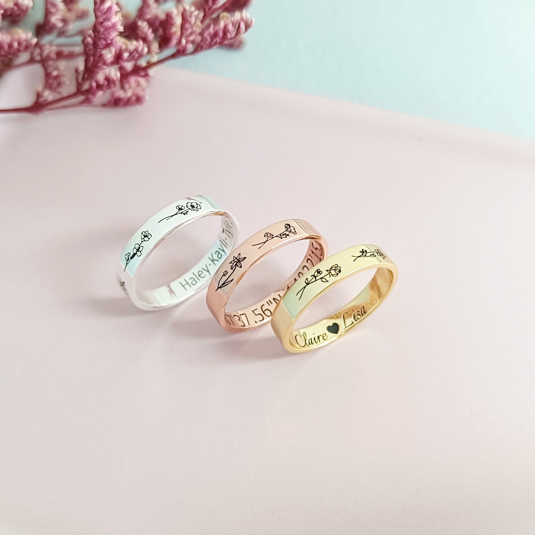 Personalized Birth Flower Ring Floral Ring Custom Name Ring - Etsy