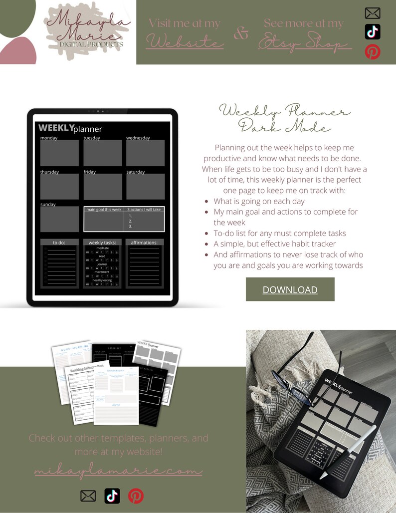 Minimalist Undated Weekly Planner Dark Mode - Etsy