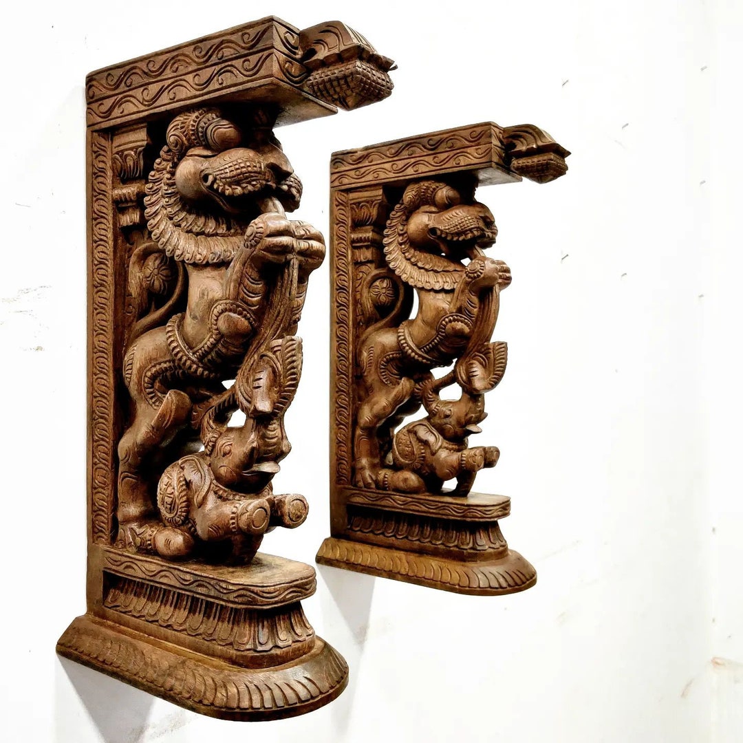 Hand Carved Yali Corbel Pair | Mahogany South Indian Temple Decor - Etsy