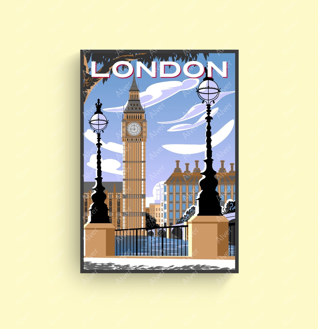 London Poster, London Travel Print, Retro Style Wall Art, Digital Art ...