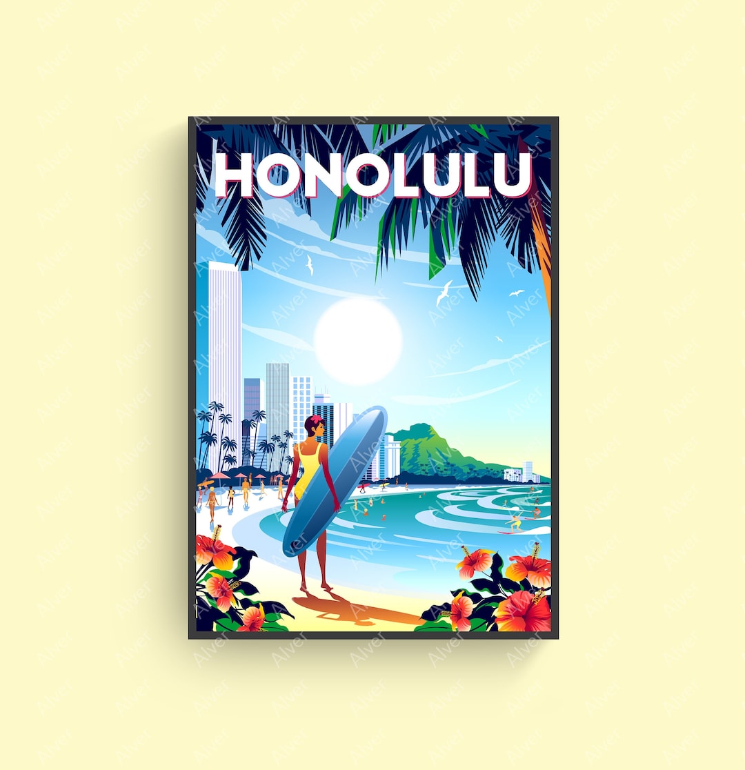 Honolulu Poster, Hawaii Poster, Hawaii Travel Print, Surfing Wall Art ...