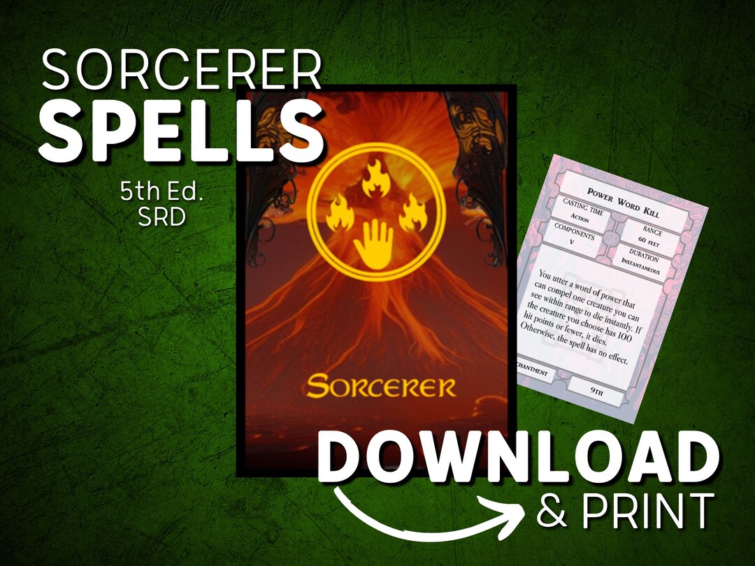 Dnd 5e Spell Cards Pdf for Sorcerers | Printable Dnd Spell Book | SRD Basic Rules | D&D ...