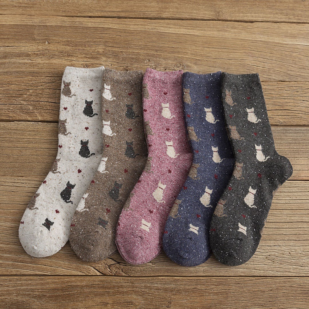 Cute Cat Socks, Lovely Colour Dot Socks, Wool Crew Socks, Soft Warm ...