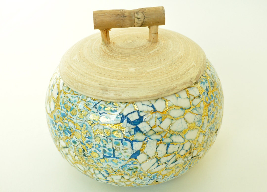 Bamboo Pot Handmade Round Wooden Jar With Lid Inlaid With Eggshell Blue ...