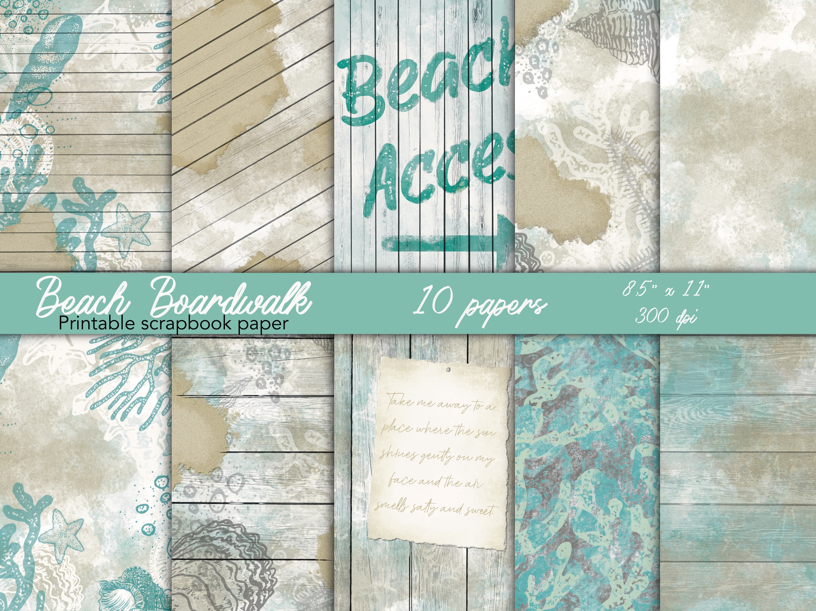 Printable 8.5x11 Scrapbooking Paper Tropical Beach Ocean Sand Shells ...