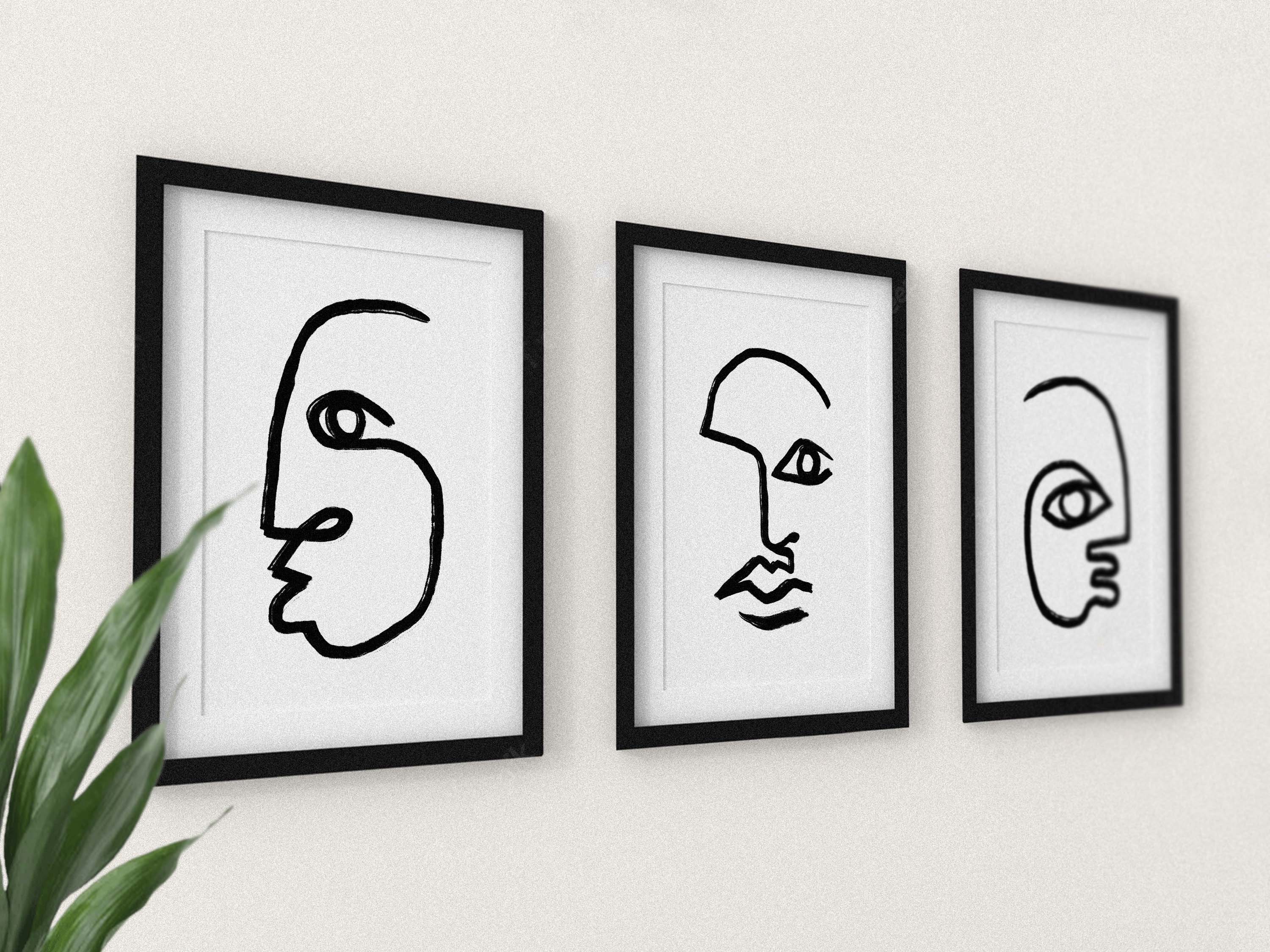 Set of 3 Posters - Abstract Faces - Minimal Decoration - Brush Painting ...