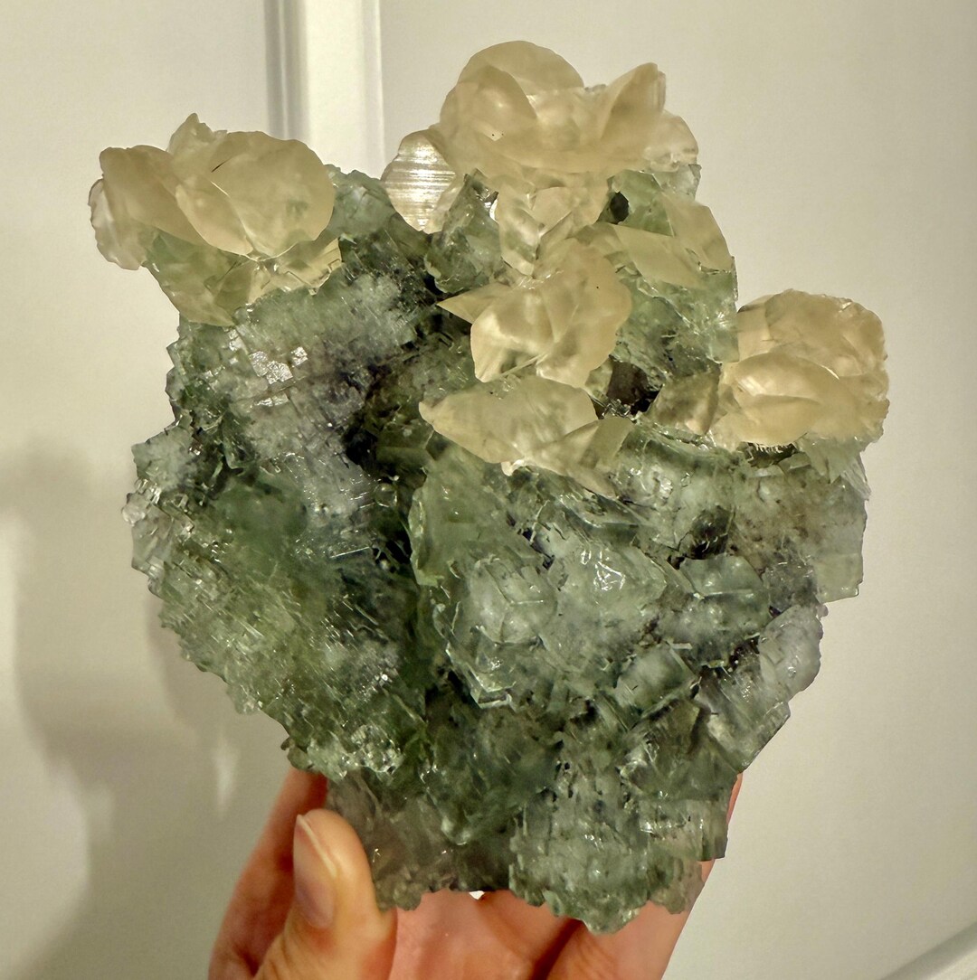 Elestial Stepped Green Fluorite With Calcite Petals - Etsy