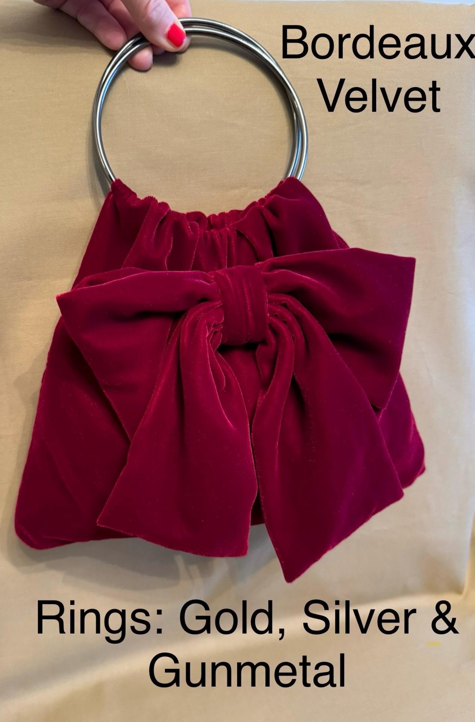 Ring Handles Tote With Bow | Bordeaux, Azure Blue, Black Velvet ...