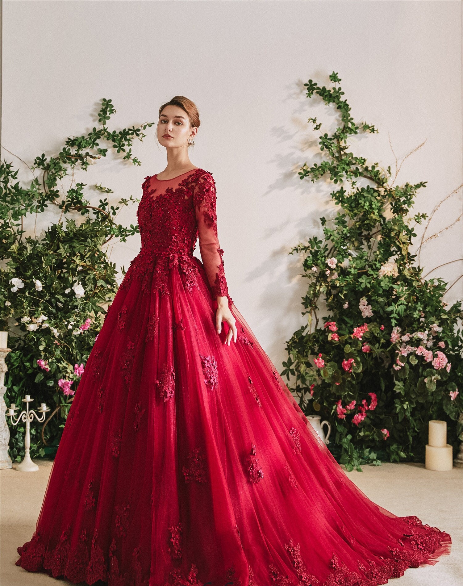 Long Red Lace Bridesmaid Dress