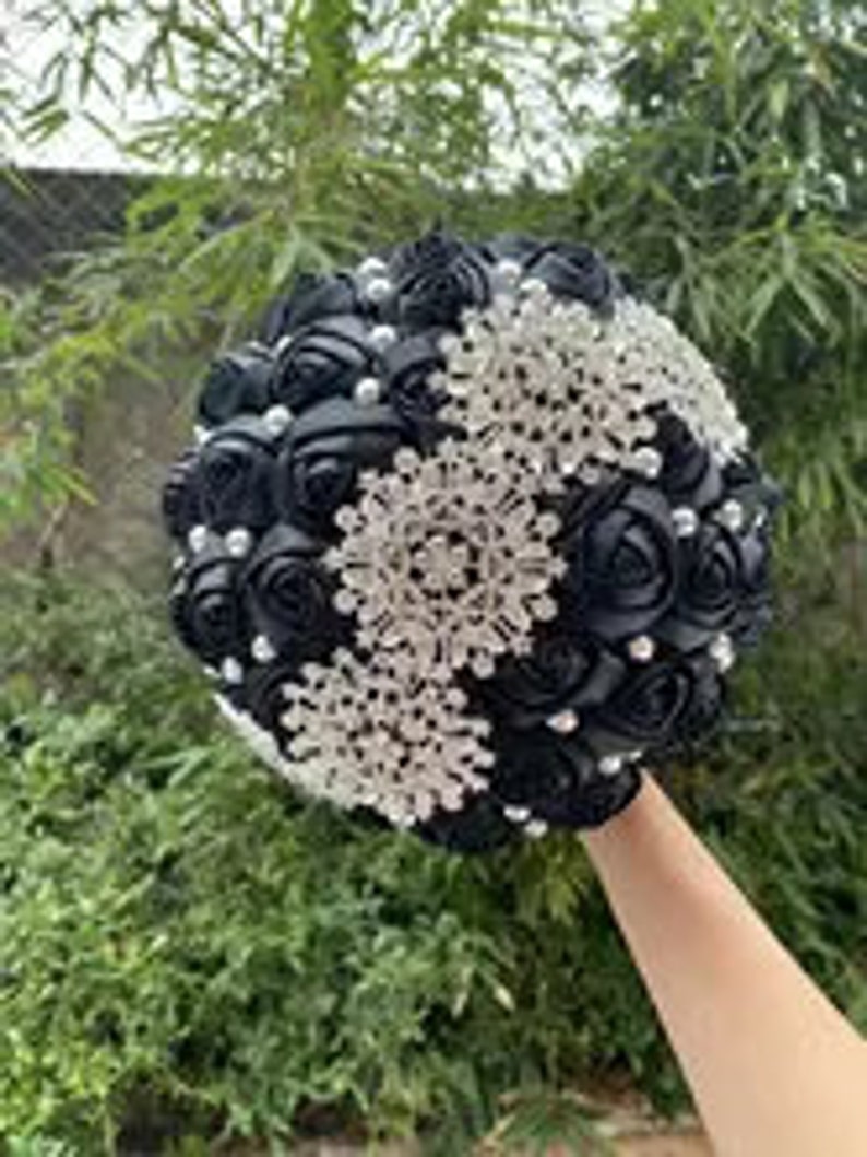 Black Satin Rose Wedding Bouquet, Fabric Bridal Bouquet, Brooch Bridal ...