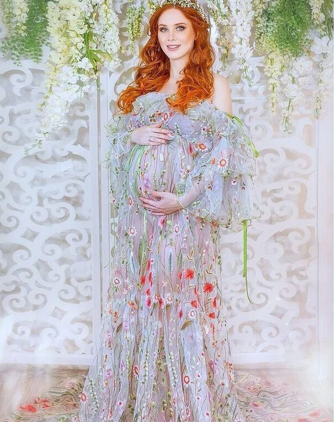 Sheer Tulle Floral Lace Maternity Robe, Women Photoshoot Long Robe,see ...