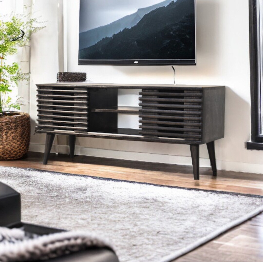 Black TV Unit Mid Century Modern Japandi TV Cabinet Mid Century ...