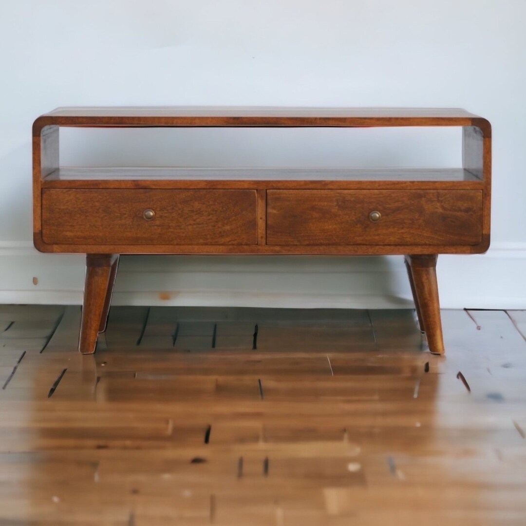 Mid Century Low Console Table Narrow Solid Wood Media Unit Console ...