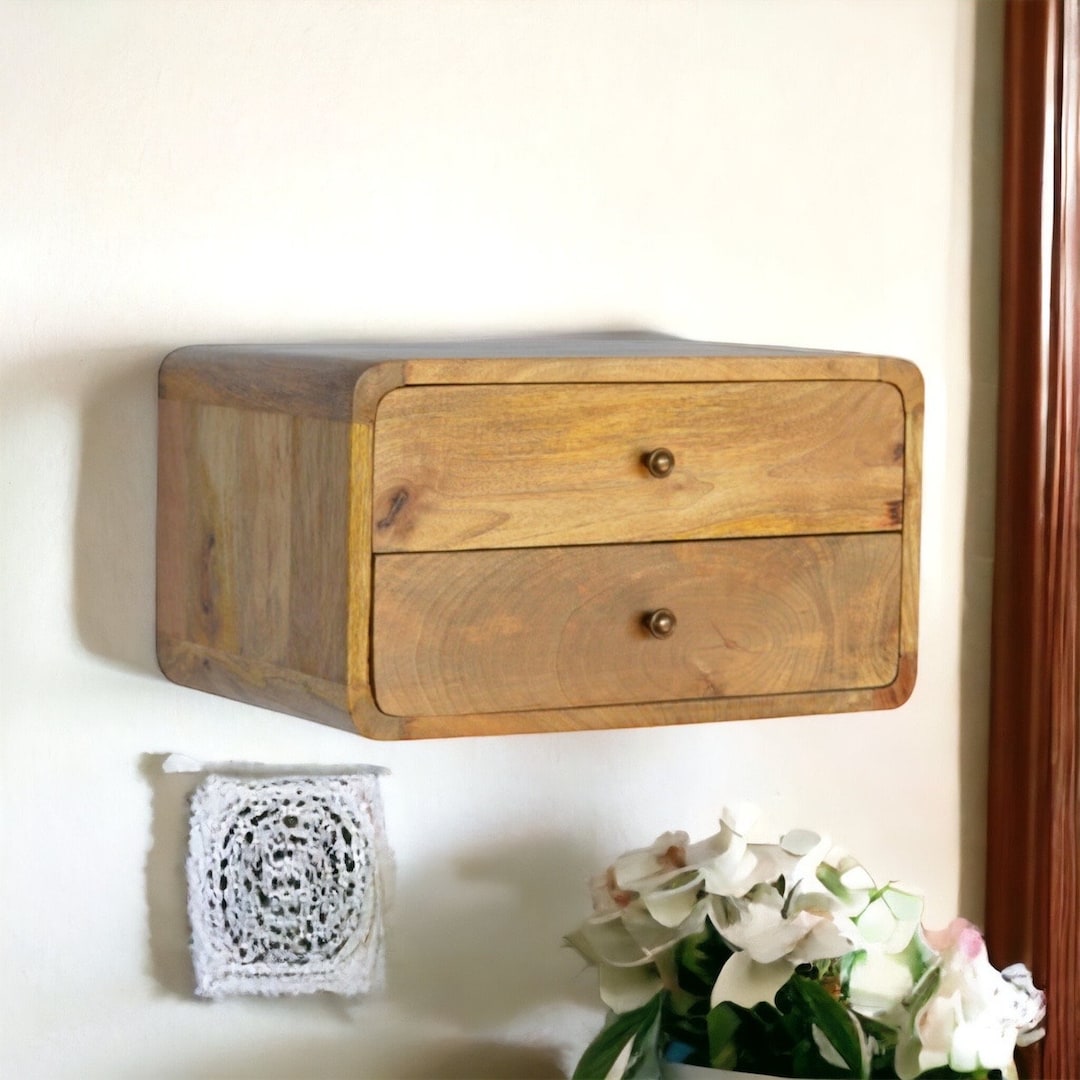 Floating Nightstand Shelf Drawers Solid Wood Wall Mounted Bedside Table ...
