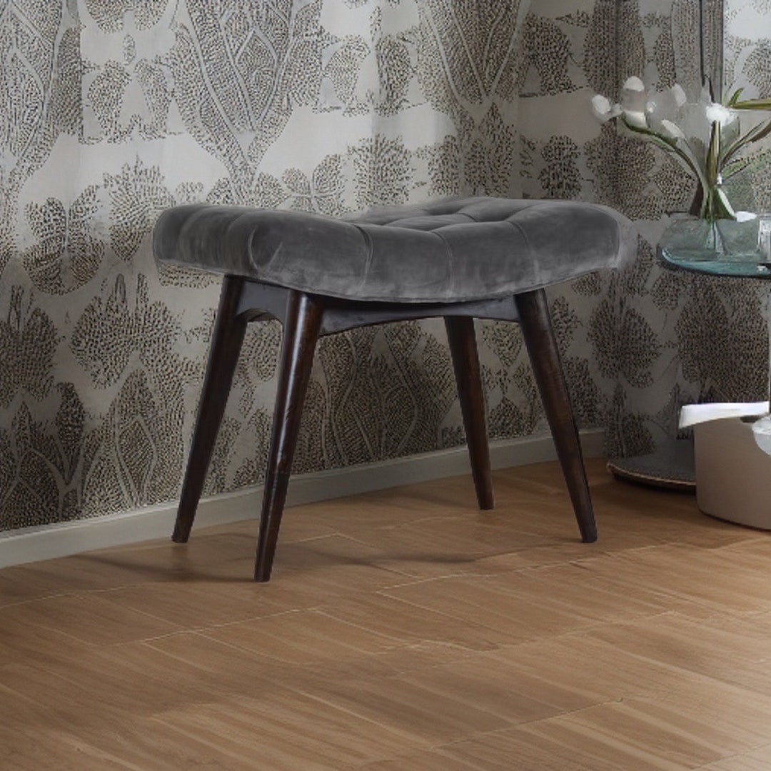 Grey Dressing Table Stool, Solid Wood Grey Velvet Stool in Walnut ...