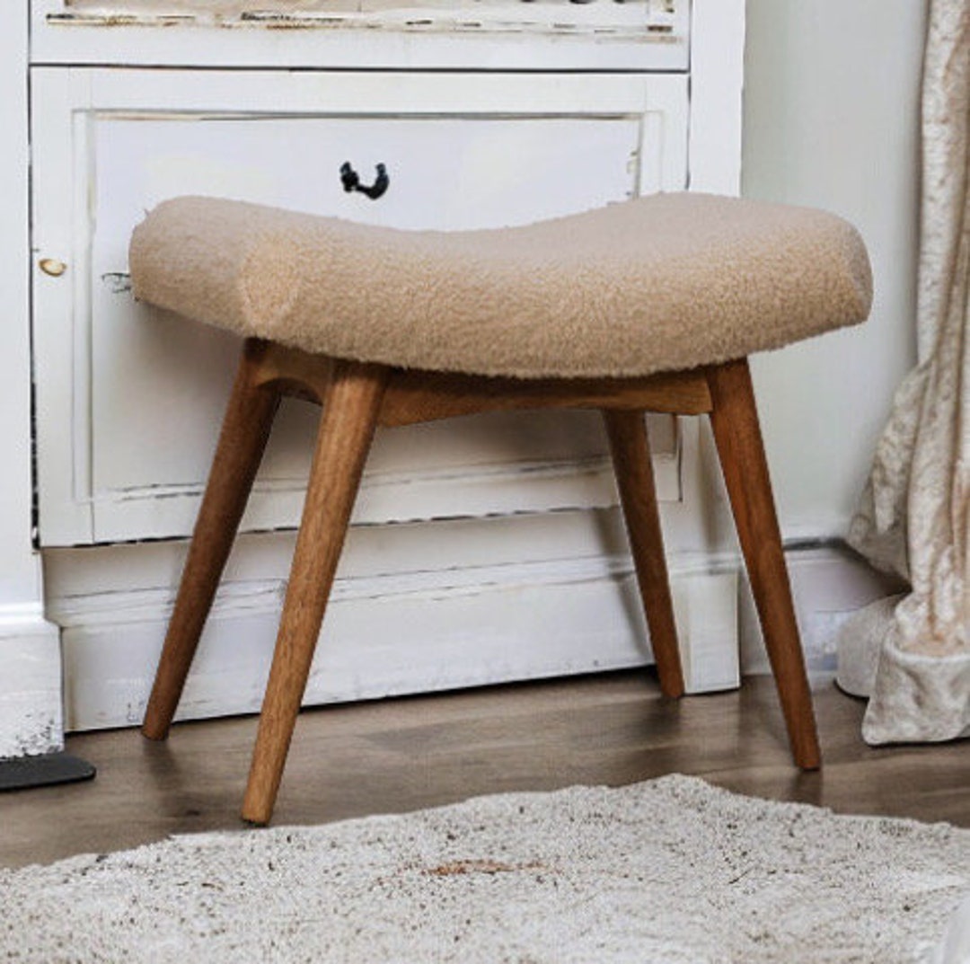 Cream Boucle Dressing Table Stool With Oak Stain Mango Wood Legs ...