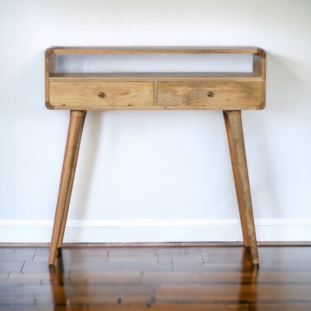 Curved Console Table, Solid Wood Console With Drawers, Mid Century ...