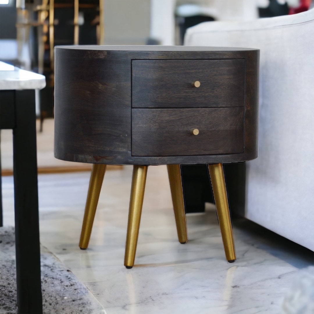 Round Black Bedside Table, Oval Nighstand, Black Ash Retro Bedside ...